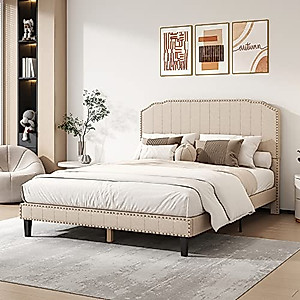 civama Queen Bed Frame with Headboard, Upholstered Platform Beds Modern Linen Mattress Foundation with Nail Head Footboard, No Box Spring Needed, Strong Wood Slats Support, Easy Assembly, Beige