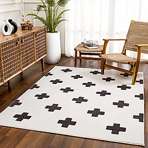 BoutiqueRugs Erath Swiss Cross Shag Area Rug - Black, Off White, Charcoal - 5'3" x 7'3"