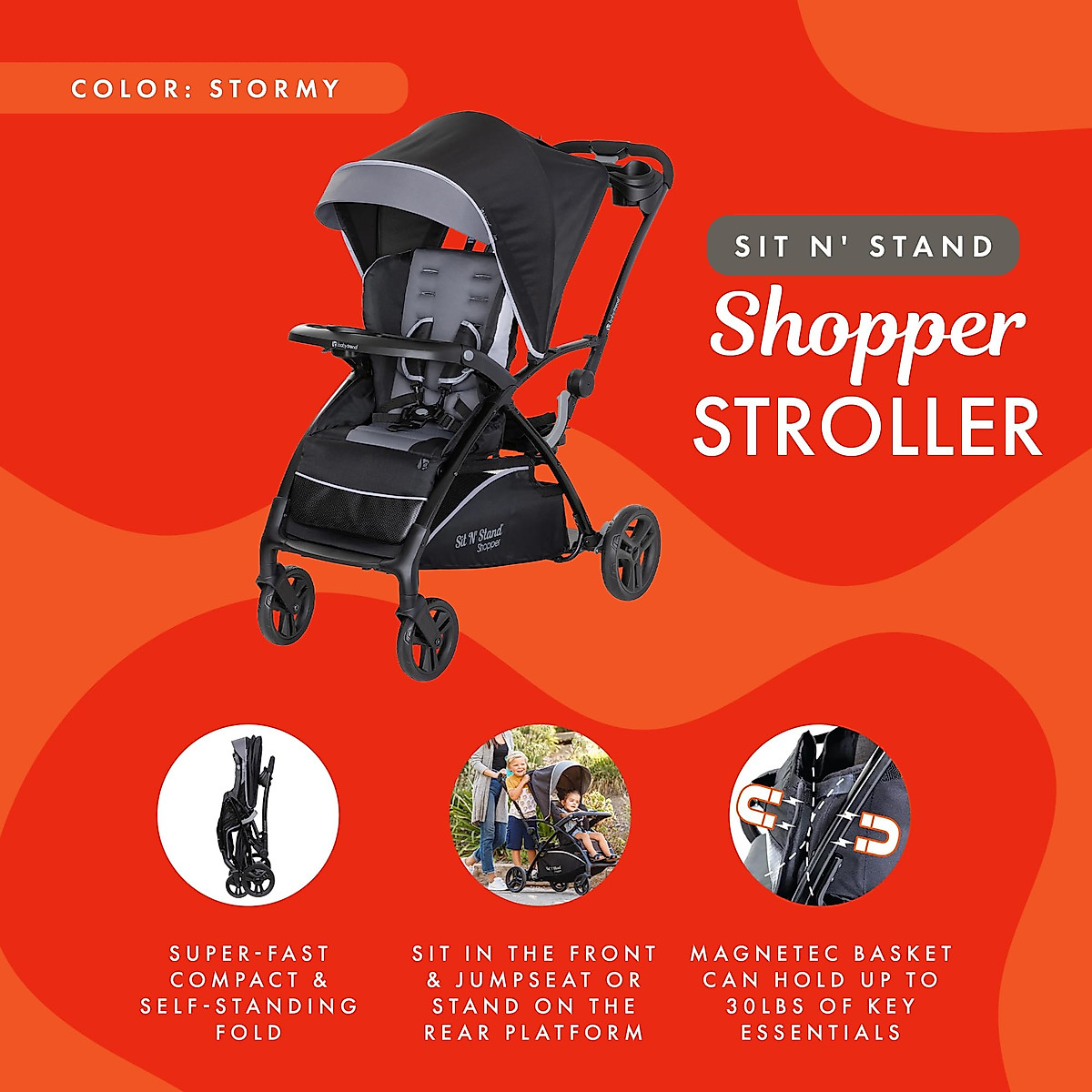 Baby Trend Sit N' Stand 5-in-1 Collapsible Kids Shopper Stroller with Shaded Canopy Visor, Extendable Storage Basket, and 2 Cup Holders, Stormy