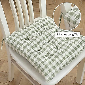 WAGHAIXAX 16 inch x16 Buffalo-Checked Plaid Dining Chairs Cushions, Soft Seat Pads Set Cotton Filled Square Cushion Chair for Kitchen Room Office, with Ties (Green, 6)