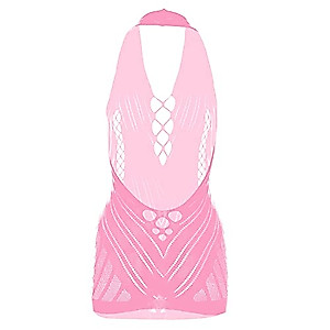 Vorifun Women Fishnet Lingerie See Through Sleepwear One Piece V-Neck Babydoll Mini Dress One Size (Pink)