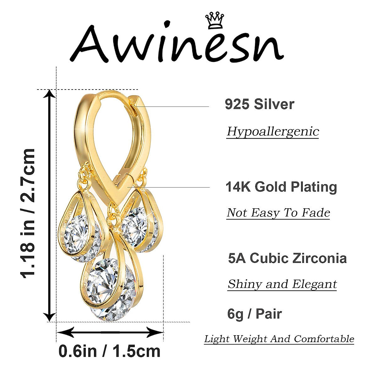 Awinesn Gold Earrings for Women Sparkly 5A Cubic Zirconia Earrings Danity 14k Gold Plated Hoop Dangle Earrings Statement Dangling Earrings Jewelry Gifts for Women