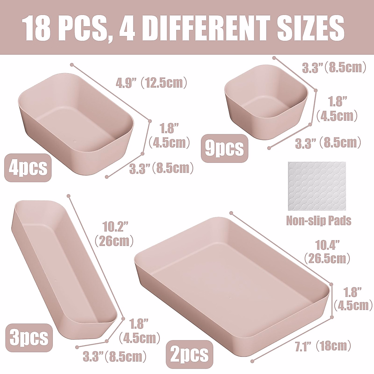 Homhut Plastic Drawer Organizers, 18 PCS Bathroom Drawer Organizer Bins, Desk and Vanity Organizer Plastic Tray, Makeup organizer and storage for Bedroom, Kitchen Gadgets Utensils and Office (Pink)