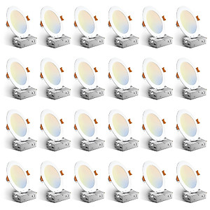 Amico 24 Pack 6 Inch 5CCT Ultra-Thin LED Recessed Ceiling Light with Junction Box, 1050LM Brightness, Dimmable Canless Wafer Downlight, 12W, ETL&FCC