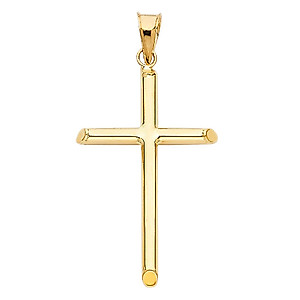 Ioka - 14K Yellow Gold Classic Plain Cross Pendant Religious Medium Size Charm For Necklace or Chain