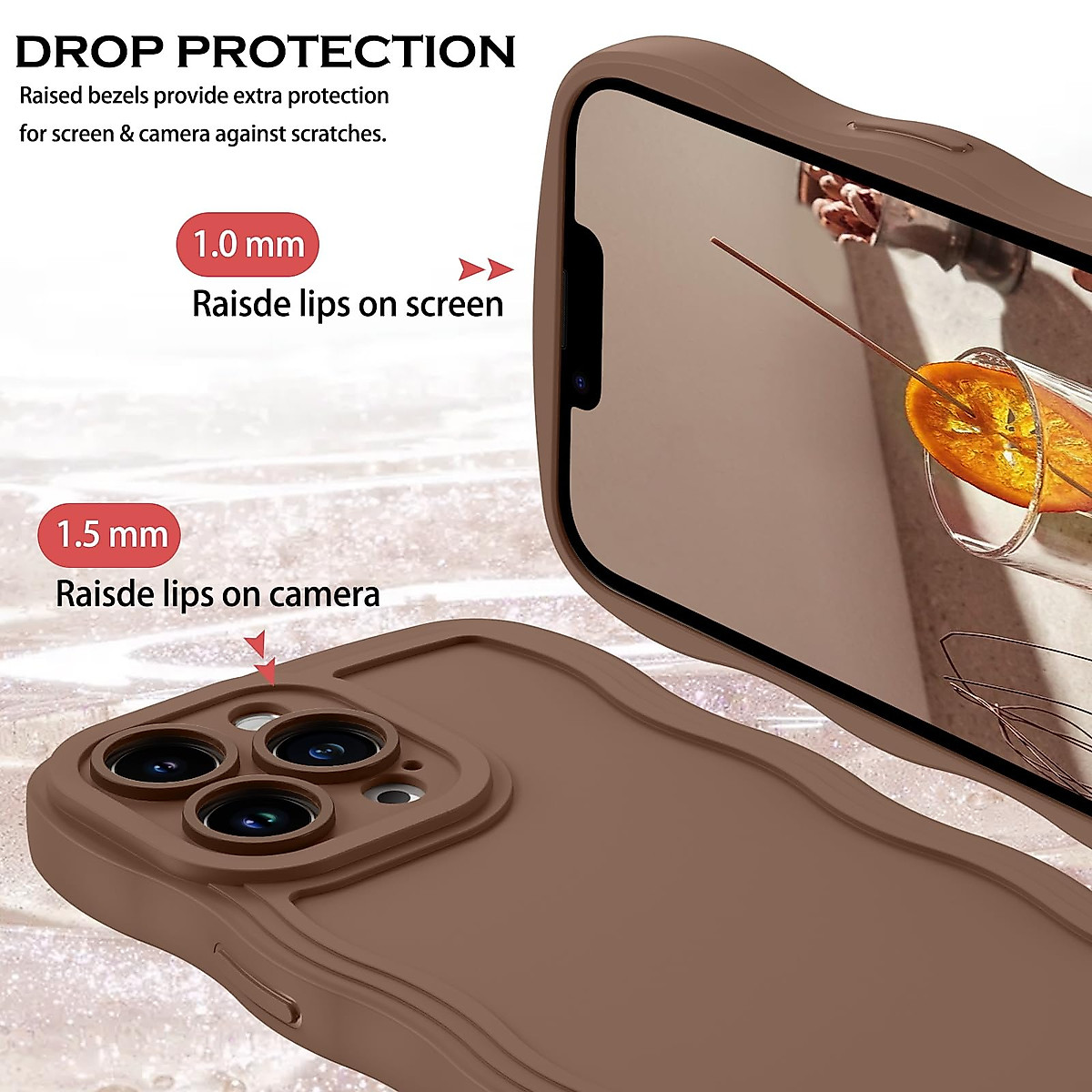 YINLAI Designed for iPhone 13 Pro Max Case 6.7-Inch, Brown Soft Silicone Gel Rubber Phone Cover, Cute Curly Wave Frame Shape Slim TPU Bumper Women Girly Shockproof Protective Case, Khaki