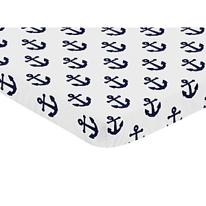Sweet Jojo Designs Navy Blue White Anchors Boy Girl Fitted Mini Crib Sheet Baby Nursery for Portable Crib Pack and Play - Nautical Theme Ocean Sailboat Sea Marine Sailor Anchor Unisex Gender Neutral