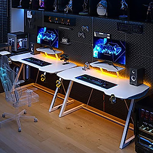 MOTPK White Gaming Desk with LED Lights, Gaming Table Desk 47 inch Z Shaped, Gamer Desk Ergonomic Sturdy, Kids Computer Desk with Monitor Stand Cup Holder and Headphone Hook, Black, Gift Idea