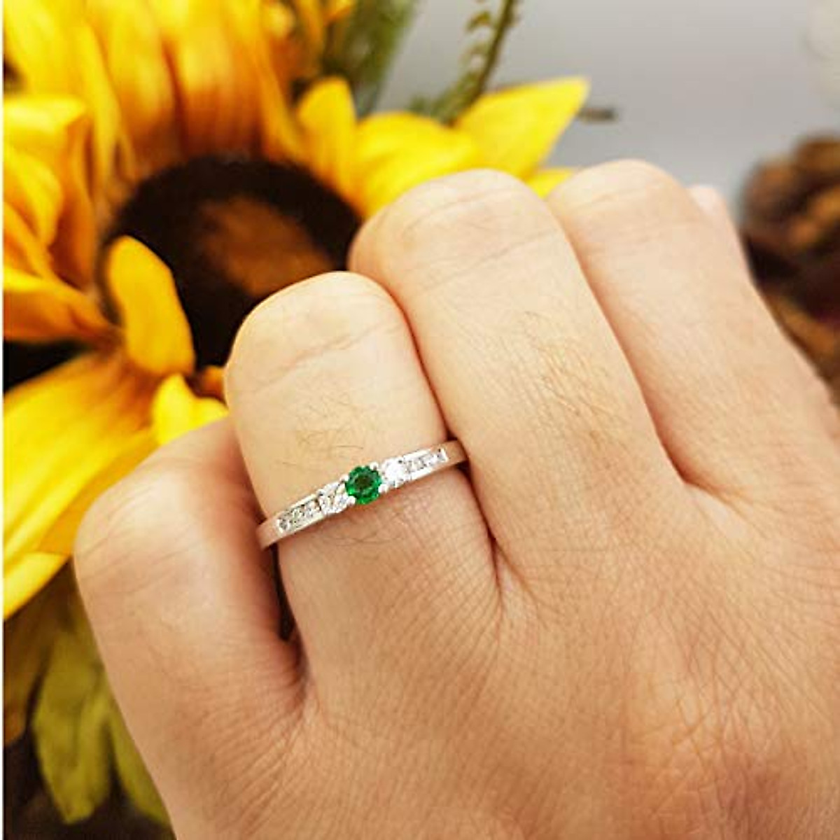 Dazzlingrock Collection 14K Round Emerald & White Diamond Ladies 3 Stone Engagement Bridal Ring, White Gold, Size 8