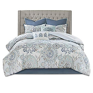 Madison Park Season Set, Matching Bed Skirt, Decorative-Pillows, Queen(90"x90"), Isla, Floral Medallion Blue 8 Piece
