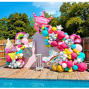 137PCS Pink Teal Balloon Garland Arch Kit with Hot Pink Silver Disco Roller Skate Balloon for Priness Theme Birthday Party Girl Summer by Beach Pool party decorations