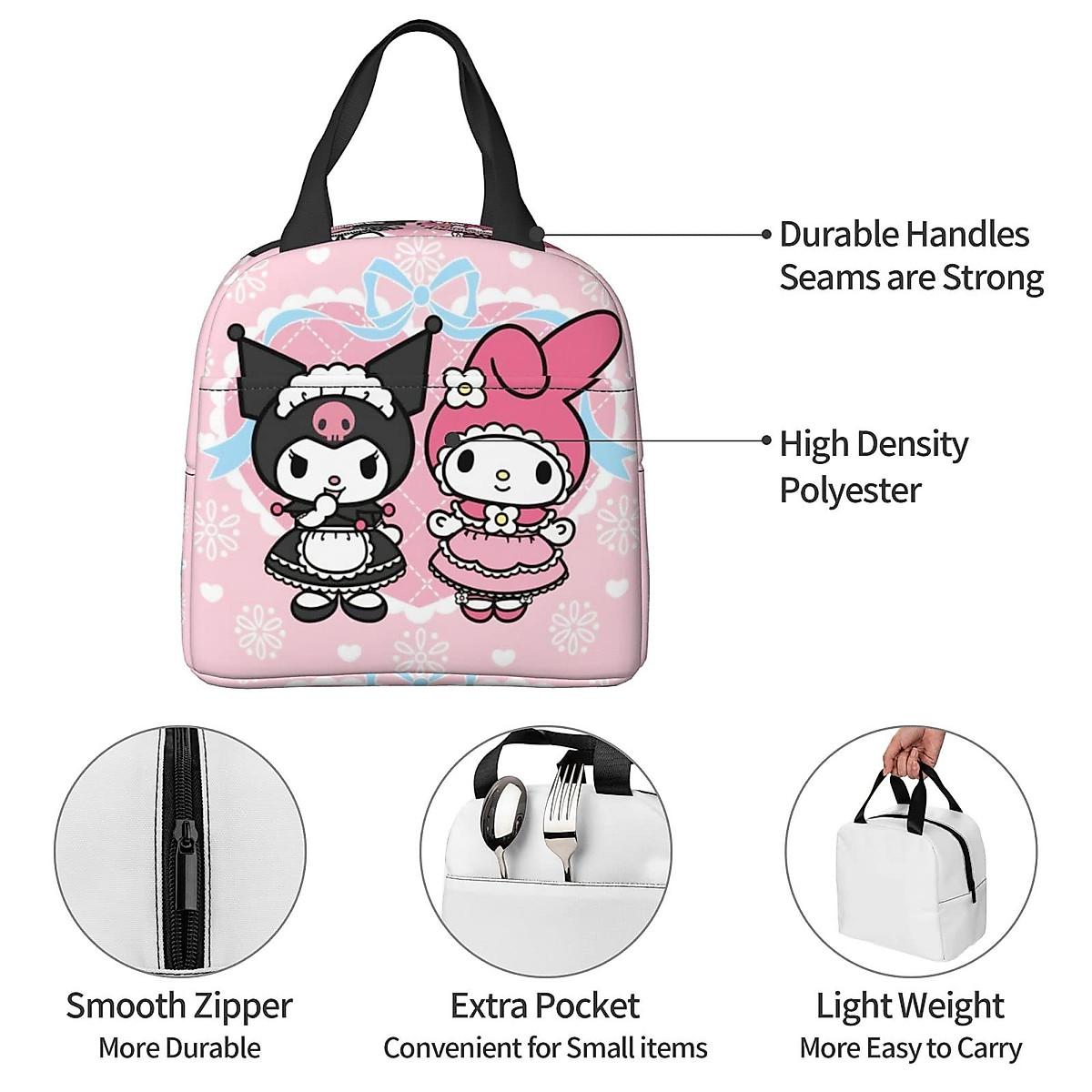 ORPJXIO Lunch Bag Kuromi Anime My Melody Reusable Lunch Box Portable Insulated Lunch Tote for Outdoor Picnic Office 8.5 X 8 X 5in
