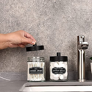 Elwiya Bathroom Apothecary Jars Set, Farmhouse Decor Glass Dispenser Holder for Qtip- Rustic Vanity Organizer with Stainless Steel Lids for Cotton Swabs, Rounds, Bath Salts, Ball/Black, 2 Pack