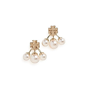 Tory Burch Women's Kira Pearl Front-Back Earrings, Tory Gold/Cream, One Size
