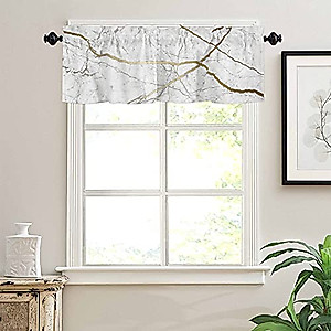 Marble Golden Valances for Windows White Gold Abstract Marbling Theme Ink Art Painting Rod Pocket Short Window Valance Curtains Home Decor Window Treatment for Kitchen Living Room Bedroom 54x18in