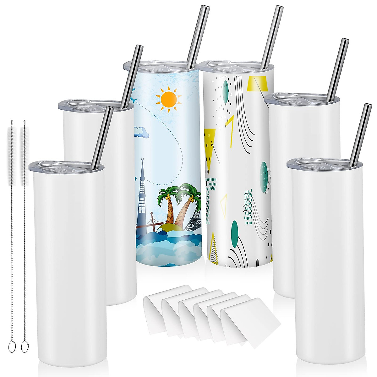 6 Pack Sublimation Tumbler - 20 oz Tumbler with Lid and Straw Insulated Tumbler Skinny Double Wall Tumbler Cups Travel Coffee Mug Stainless Steel Vacuum Mug with Metal Straw,Leak-Proof Lid,Shrink Wrap