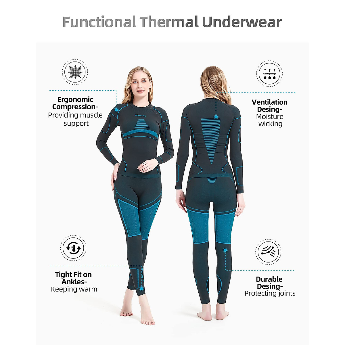 NOOYME Thermal Underwear for Women Long Johns for Women, Base Layer Women Black-blue