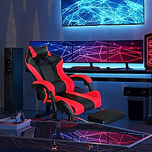 Gaming Chair, Computer Racing Chair with Footrest and Lumbar Support, Ergonomic High Back Office Headrest, Executive Swivel Rolling Leather Video Game (Red) (BRS806)