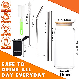 EMBICER Glass Cups with Lids and Straws – Set of 4 16Oz Mason Jar Drinking Glasses with Neoprene Sleeves – Premium Glass Cups with Bamboo Lids, Reusable Straw – Ideal for Iced Tea, Lemonade, Cocktail