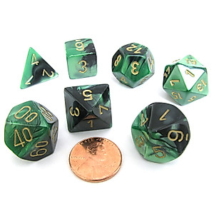 Polyhedral 7-Die Gemini Chessex Dice Set - Black-Green w/ Gold CHX-26439