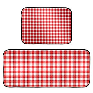 Kigai Kitchen Rugs 2 Piece Waterproof Non Slip Kitchen Mat Red & White Checked Kitchen Rug Set for Sink Office Kitchen Cafe, 19.7"x47.2"+19.7"x27.6"