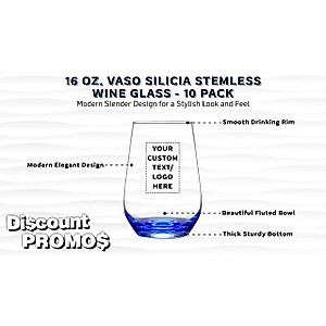 DISCOUNT PROMOS 10 Vaso Silicia Stemless Wine Glasses Set, 16 oz. - Personalized Text, Logo - Clear, Orb-Like, Thick base - Blue