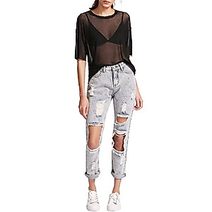 MakeMeChic Women's Summer Short Sleeve Tops See Through Mesh Sheer Sexy T Shirt Blouse A Black M