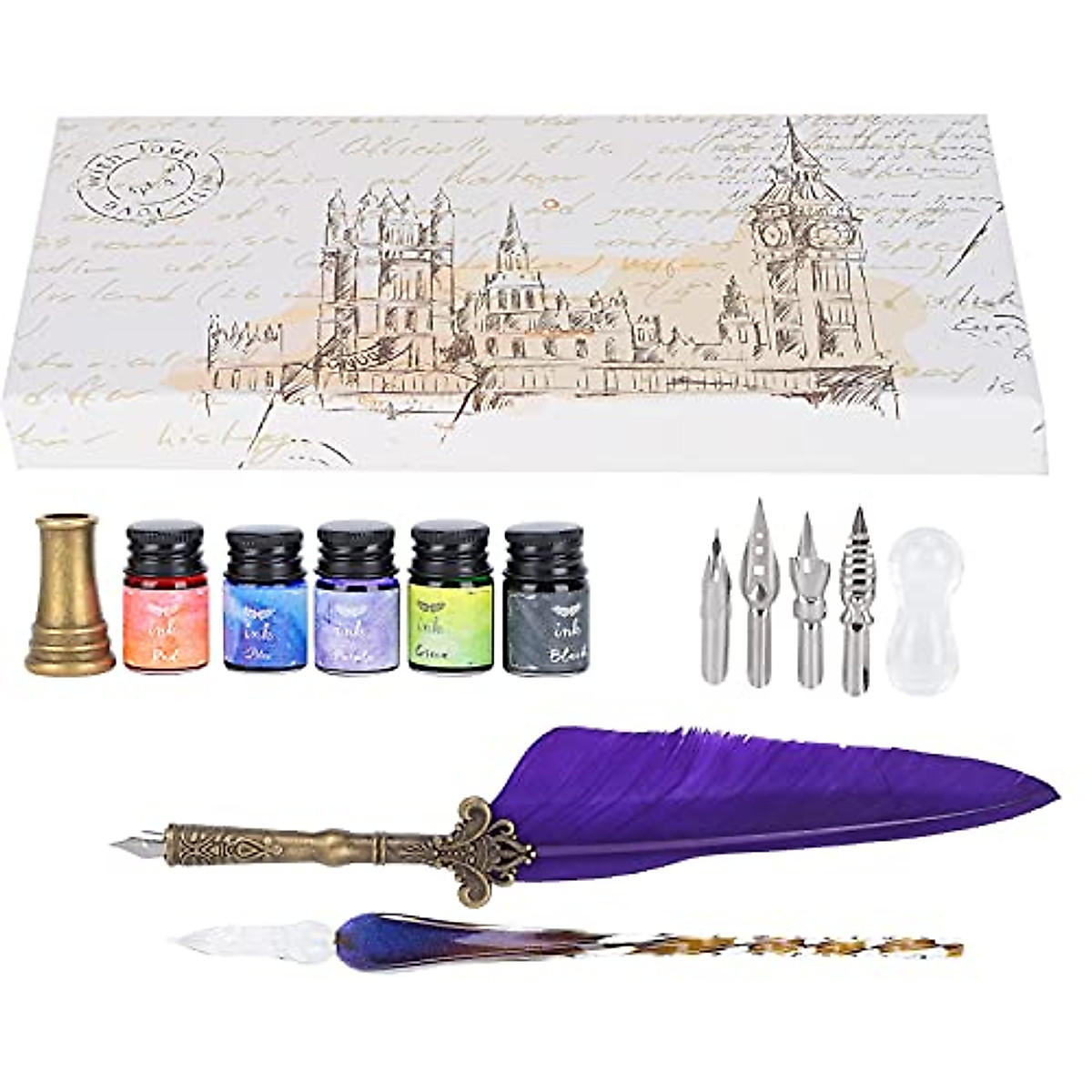 Tnfeeon Feather Pen, Vintage Feather Calligraphy Pen Quill Pen Set with Replaceable Nib Student Writing Stationery Romantic Valentine(Purple)