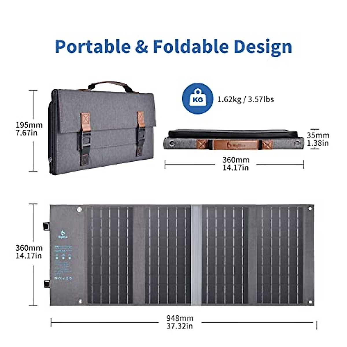 36W Solar Panels, BigBlue Foldable Solar Charger with DC(20V/1.8A), PD 20W USB-C and Fast Charge USB-A, IP54 Waterproof, Compatible with iPhone,Google,Samsung Cellphones, iPad, Small Power Station