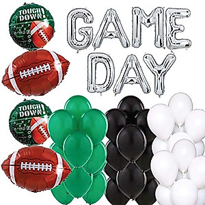 Hall & Perry Game Day Football Balloon Kit with Mylar Letters and Footballs and Latex White Green and Black Balloons