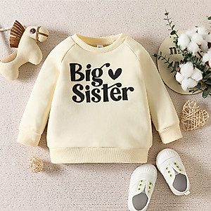 vchoohce Baby Girl Sister Matching Outfit Long Sleeve Letter Print Crewneck Sweatshirt Pullover Sweater Fall Winter Clothes (Big Sister-Yellow,3-4T)