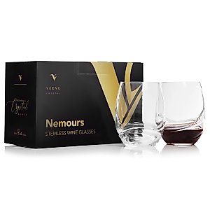 VC VEENU CRYSTAL Tumbler Glasses Set Of 2, Stemless Drinking Elegant Drinkware Glasses Set with Modern Lines, Dishwasher Safe, 100% Lead-Free Glass (16.9 Oz)