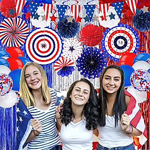 DawnHope 50PCS Patriotic Decorations, 4th of July Independence Day Red White Blue Hanging Paper Fans, Hanging Swirls, Flag Pennant, Foil Fringe, Balloons, Pom Poms Memorial Day Party Supplies Decor