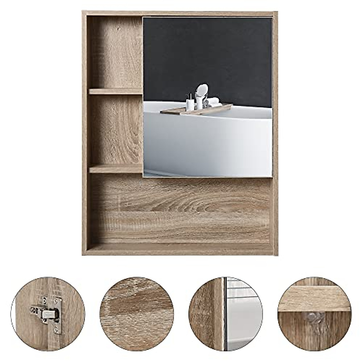 kleankin Wall-Mounted Wooden Bathroom Medicine Cabinet, Storage Cabinet with Mirror Glass Door Adjustable Open Shelf Oak Grain