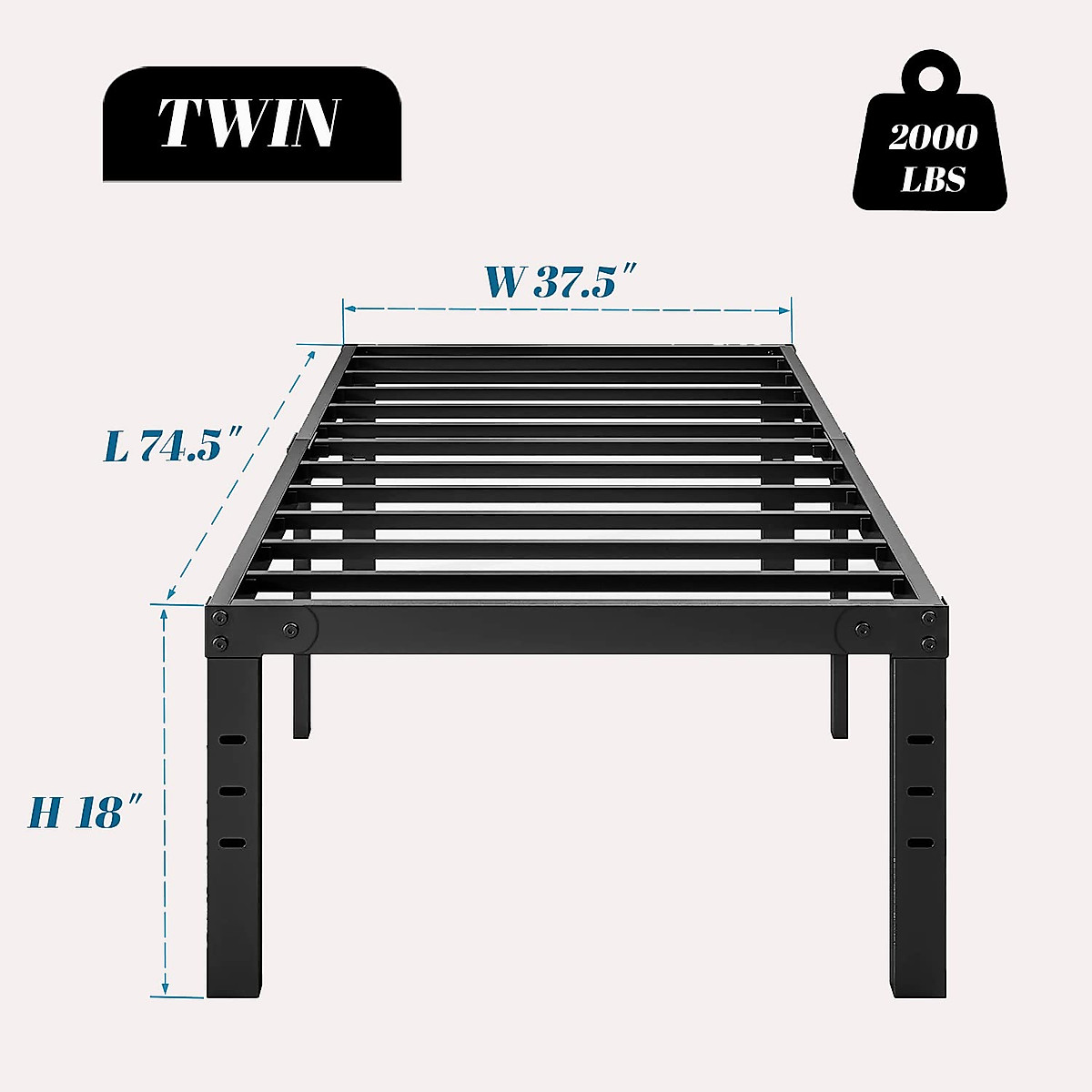 Chezisam Heavy Duty Twin Size Bed Frame 18 "High Metal Platform Bed Sturdy Steel Slat Mattress Base,with Bed Bottom Storage Space,No Box Spring Needed,Quick Installation,Non-Slip Noiseless