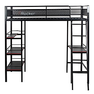 X Rocker I Fortress Gaming Bunk Bed I Built-in Desk and Shelving I Sturdy Metal Frame I Red Wooden Trim I Black
