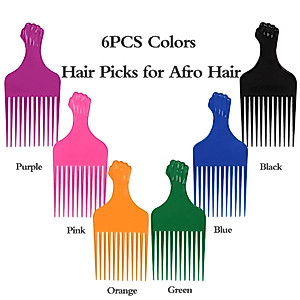 LEADUWAY Hair Pick Comb, Fist Hair Picks for Afro Hair, Plastic 6.5 inch Afro Picks for Women and Men, Lift Hair Pick for Curly Hair, Rainbow Set (6 PCS)