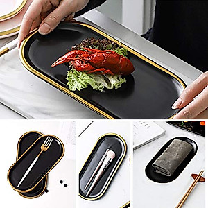 Ceramic Tray Marble Style, Roucerlin Golden Edge Jewelry Dish Tray, Dresser Vanity Decorative Tray Dessert Plate Storage Tray Tea Coffee Cake Fruit Tray Cosmetics Ring Organizer (Black)