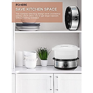 FOHERE Electric Food Steamer for Cooking, Vegetable Steamer 800W Fast Heating with 3 Tiers BPA-Free Nested Basket Trays and Auto Shut-off 60-min Timer, Rice Bowl Included, 9.5QT