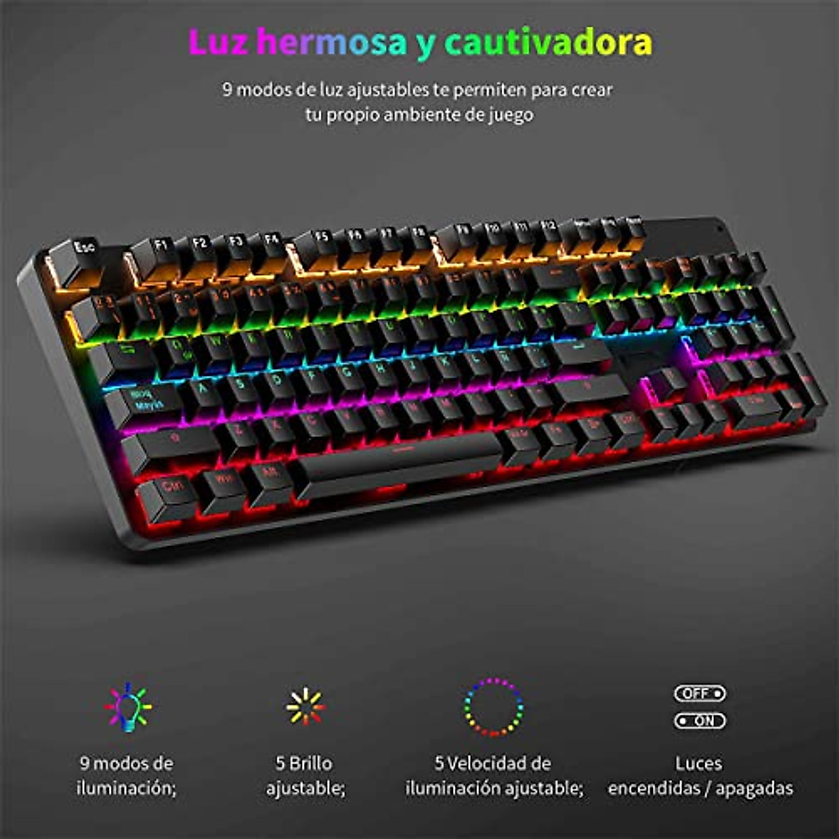 eboxer-1 Gaming Keyboard, USB Wired Keyboard with RGB Rainbow Backlit, 104 Keys Spanish Keyboard with Ñ and Blue Switch, Mechanical Keyboard for Desktop Notebook
