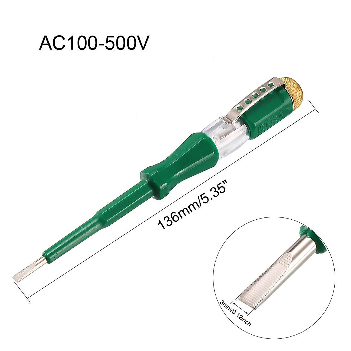 uxcell Voltage Tester AC 100-500V with 3mm Slotted Screwdriver with Clip for Circuit Test, Green, Pack of 2