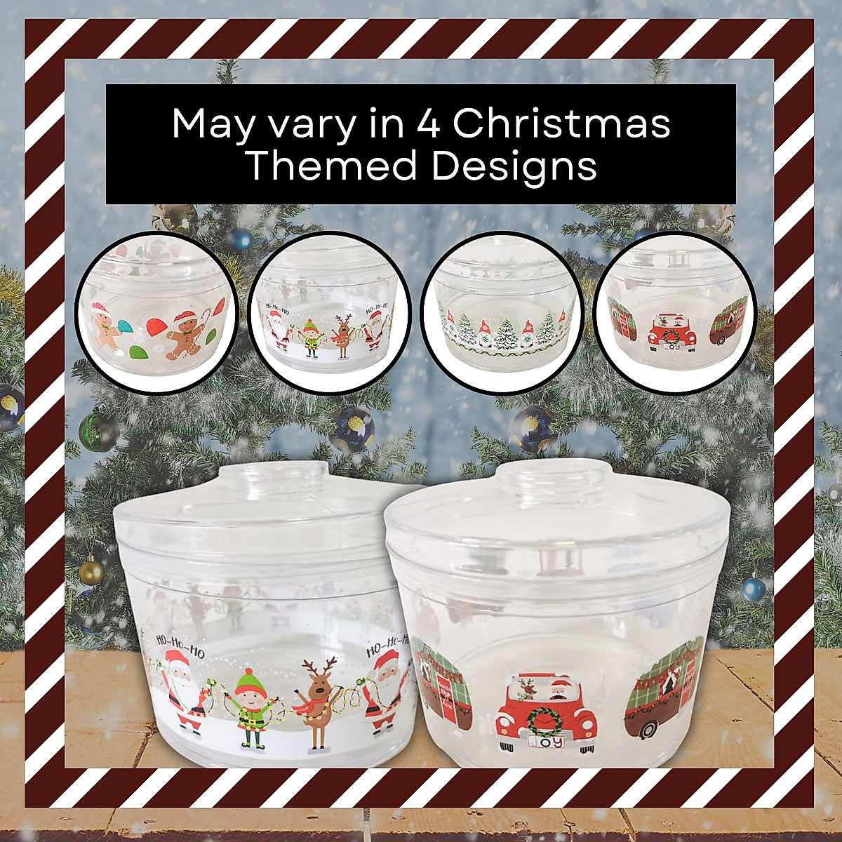 EB (4) Christmas Themed Stackable Plastic Containers with Lids 12.5 oz for Cookies Snack Candies Treats Food Storage Holiday Jars Home Kitchen Cabinet Organizer Gift Set Supplies (Design may Vary)