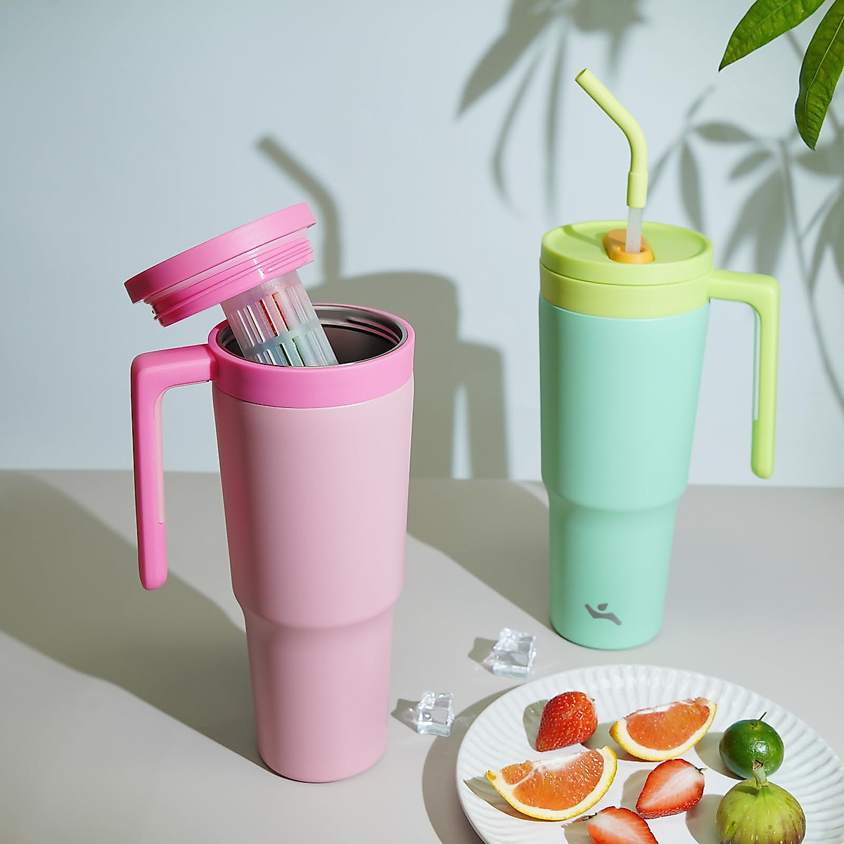 Konokyo Insulated Tumbler with Handle and Straw,40 OZ Vacuum Stainless Steel Water Bottle Travel Mug Metal Cup with Fruit Diffuser,Lime
