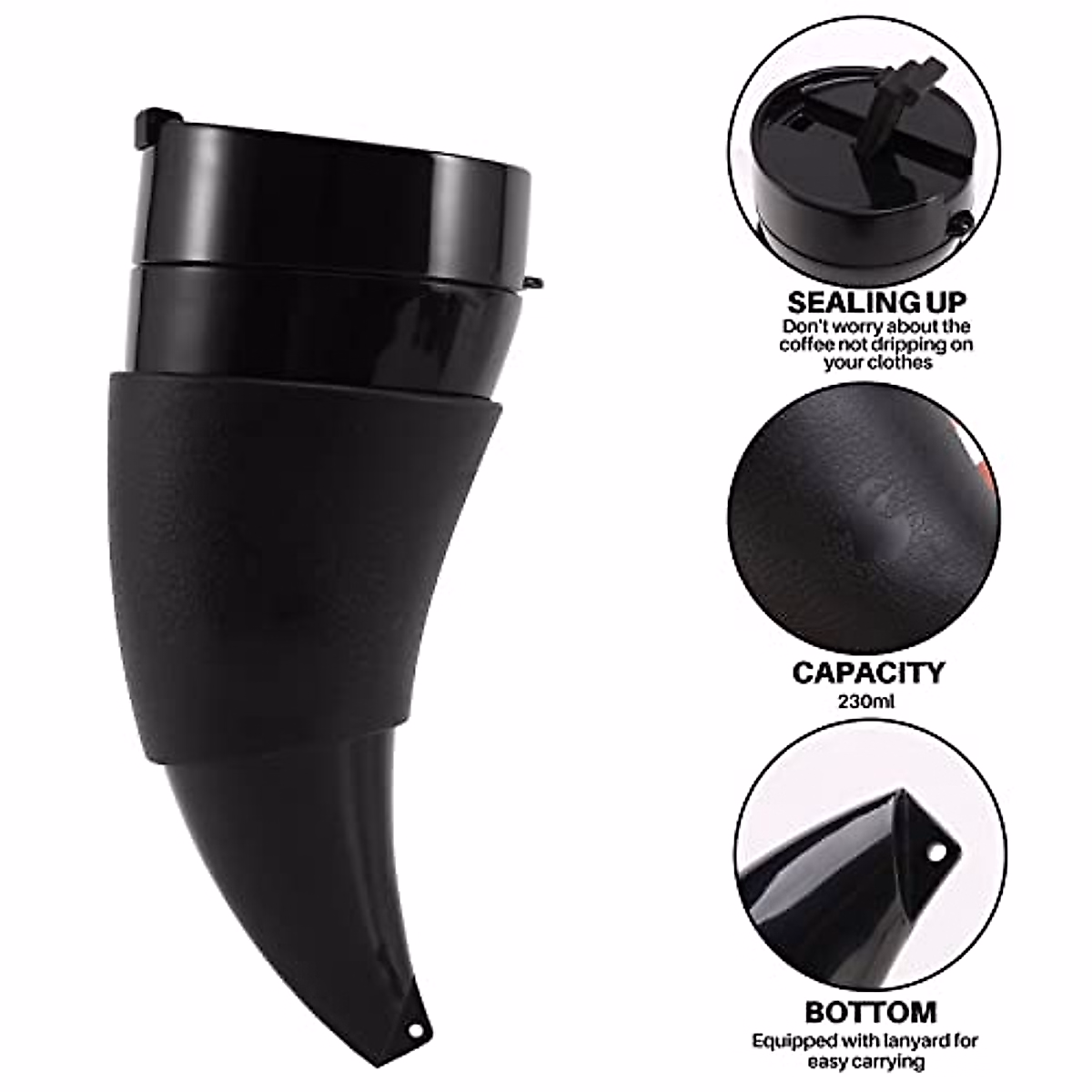 Exogio Goat Horns Coffee Mug 230ML Stainless Steel Vacuum Cup Flask Tea Cups Travel Couple Water Bottle with Rope-Black
