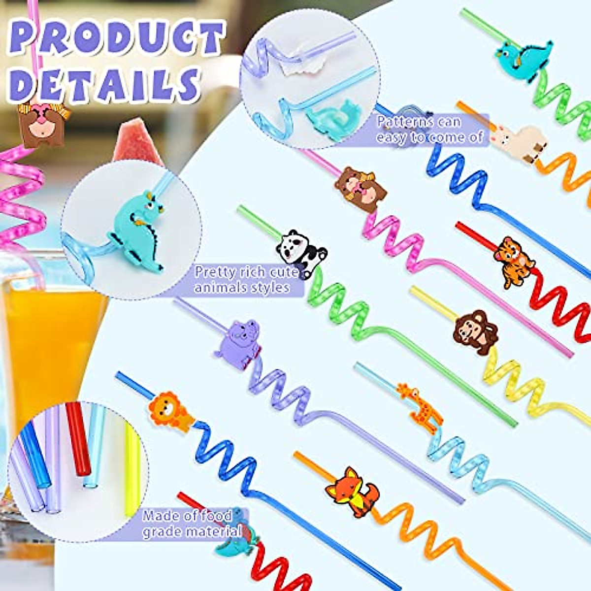 24 Reusable Jungle Animal Straws, Meetory Plastic Party Drinking Straws,Curly Crazy Straws with 20 Fruit Forks for Party Favor Kids Truck Decorations Birthday Supplies Gift, 12 Styles