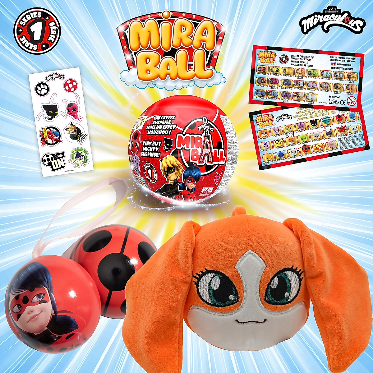 Miraculous Ladybug, 4-1 Surprise Miraball, 3 Pack, Toys for Kids with Collectible Character Metal Ball, Kwami Plush, Glittery Stickers and White Ribbon (Wyncor)