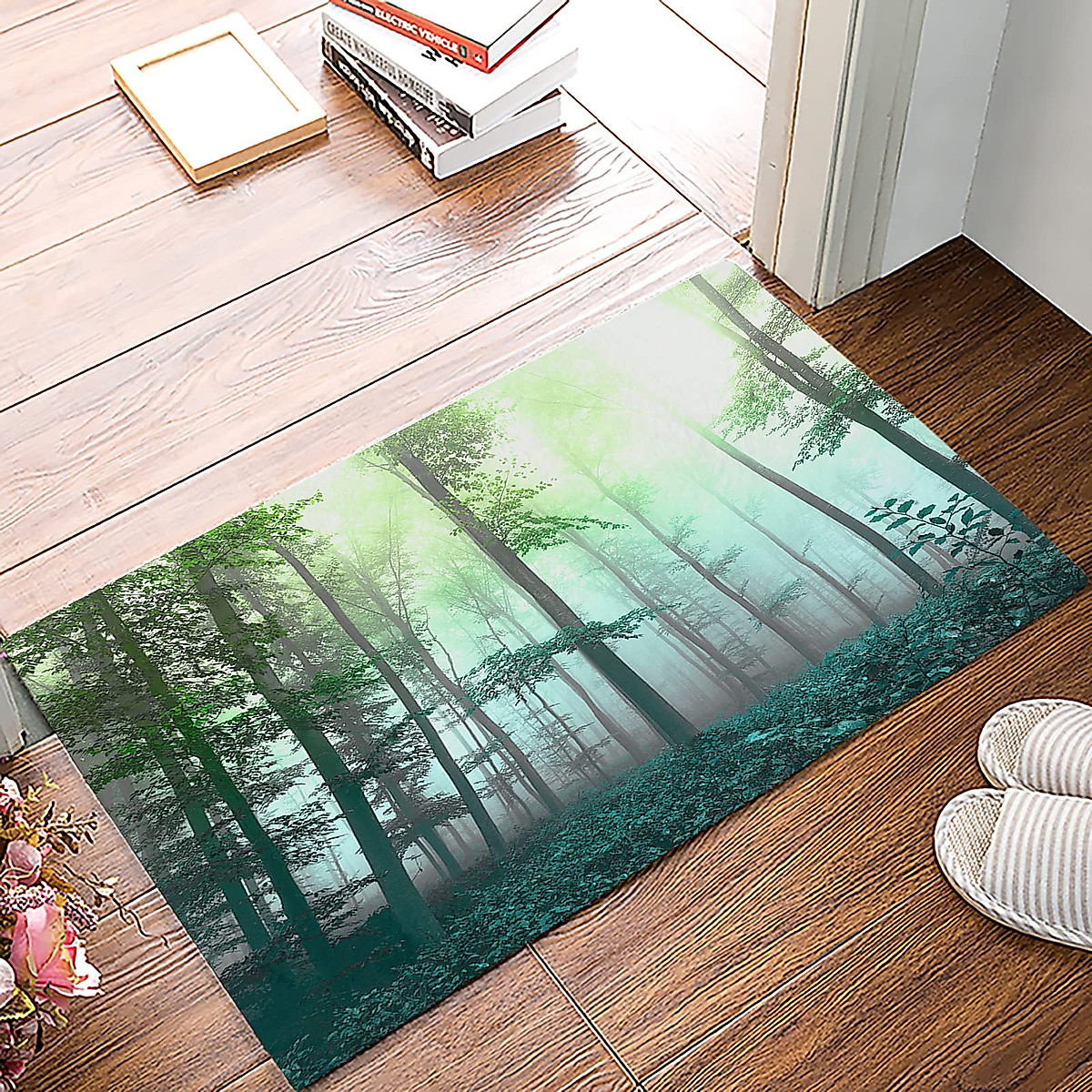ALAGEO Fall Doormat Sunshine Teal Green Forest Door Mat Welcome Mats Entrance Floor Mat Trees Mist Fall Seasonal Harvest Thanksgiving Floor Mat Outdoor Indoor Runner Rugs Non-Slip Floor Mat 16"x24"