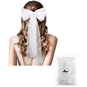 Juinte Bridal Hair Bow Veil Bachelorette Party Pearl Hair Clip Wedding Veil Bride Accessories Bridesmaid Favors Large Bow with Barrette Bachelorette Party Decorations (White, Pearl)