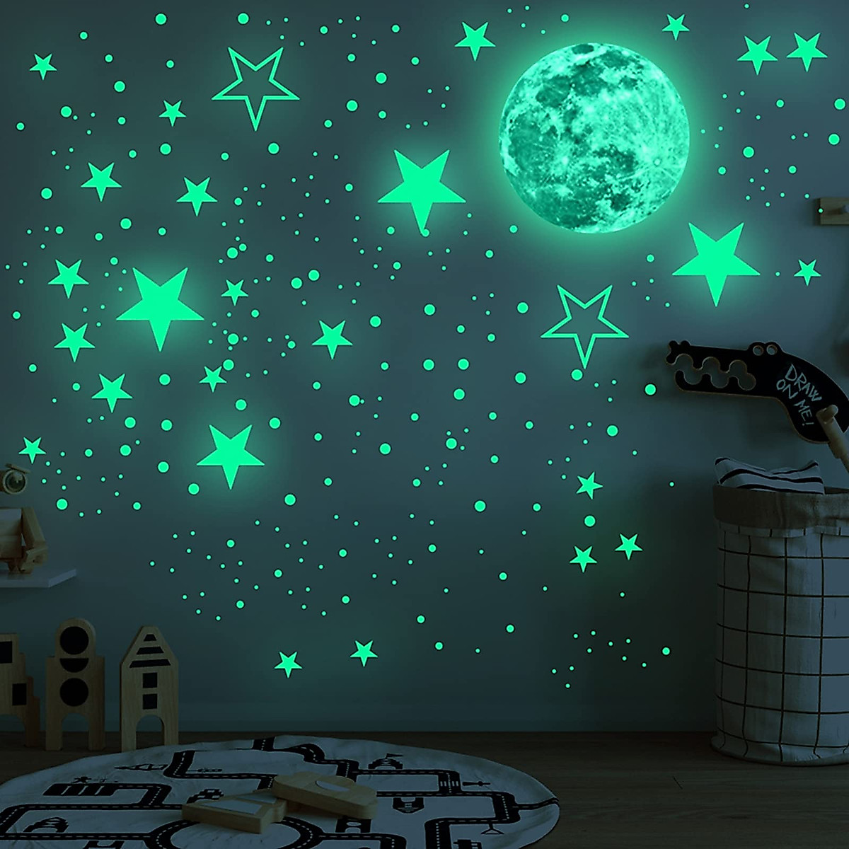 Sursarbelor Luminous Φ30cm Big Moon and Stars Dots Wall Stickers, 435 Pieces Glow in The Dark Stickers, Wall Ceiling Sticker Decals for Home Party Kids Room Decorations