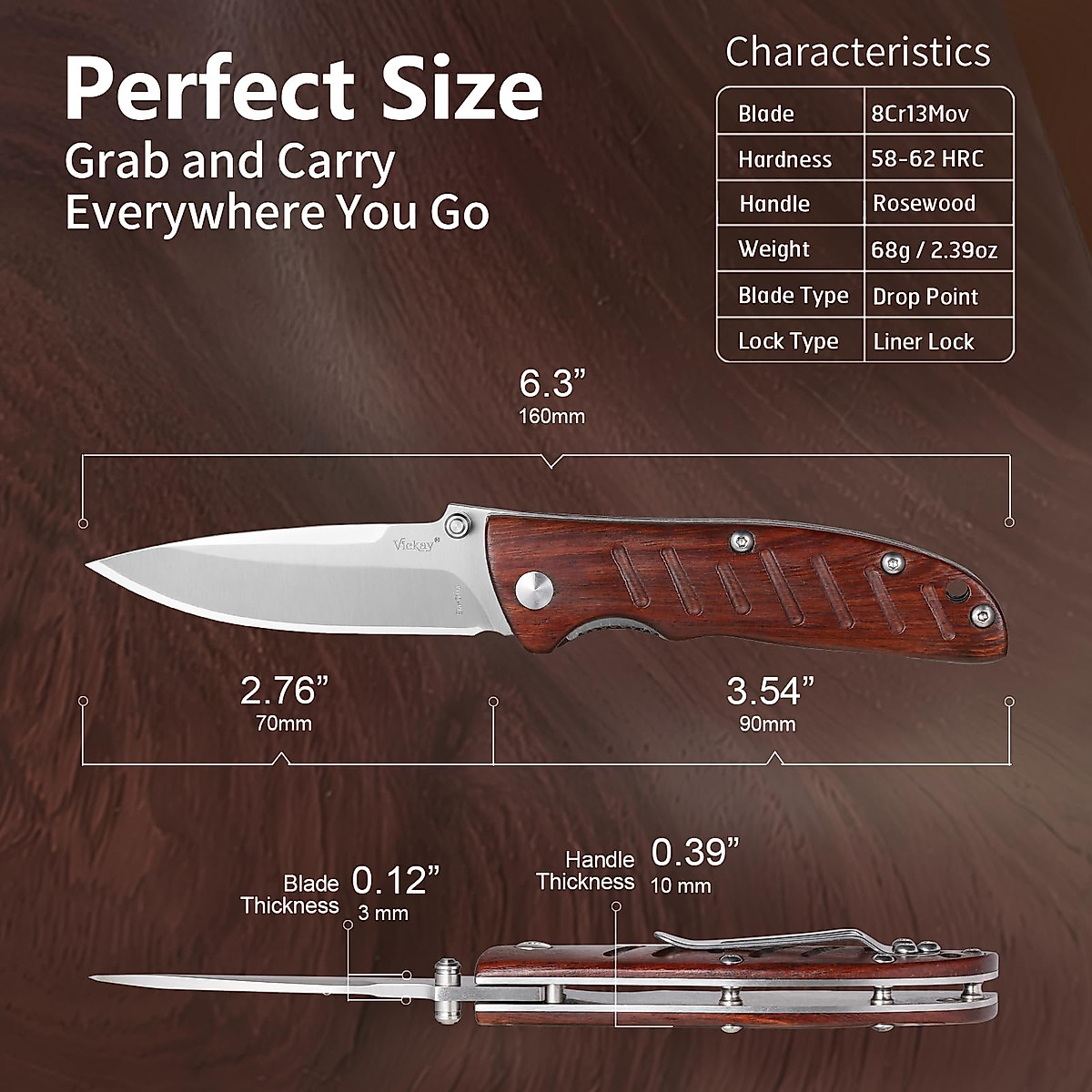 Vickay Pocket Knife for Men, Folding Knives 8Cr13MoV 2.95" Steel Blade, Wood Handle, Line Lock Knife with Clip, EDC Knife Ideal for Outdoor Camping, Fishing, Hunting, Tactical Gift (Brown)